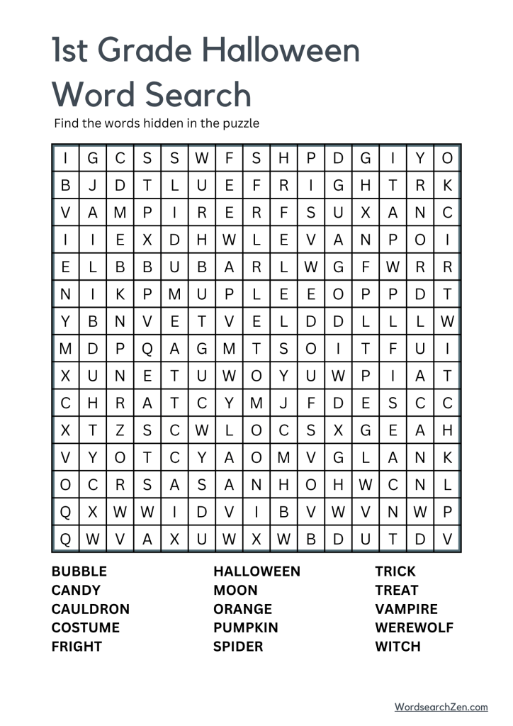 1st Grade Halloween Word Search Free Printable PDF File - WordsearchZen.com