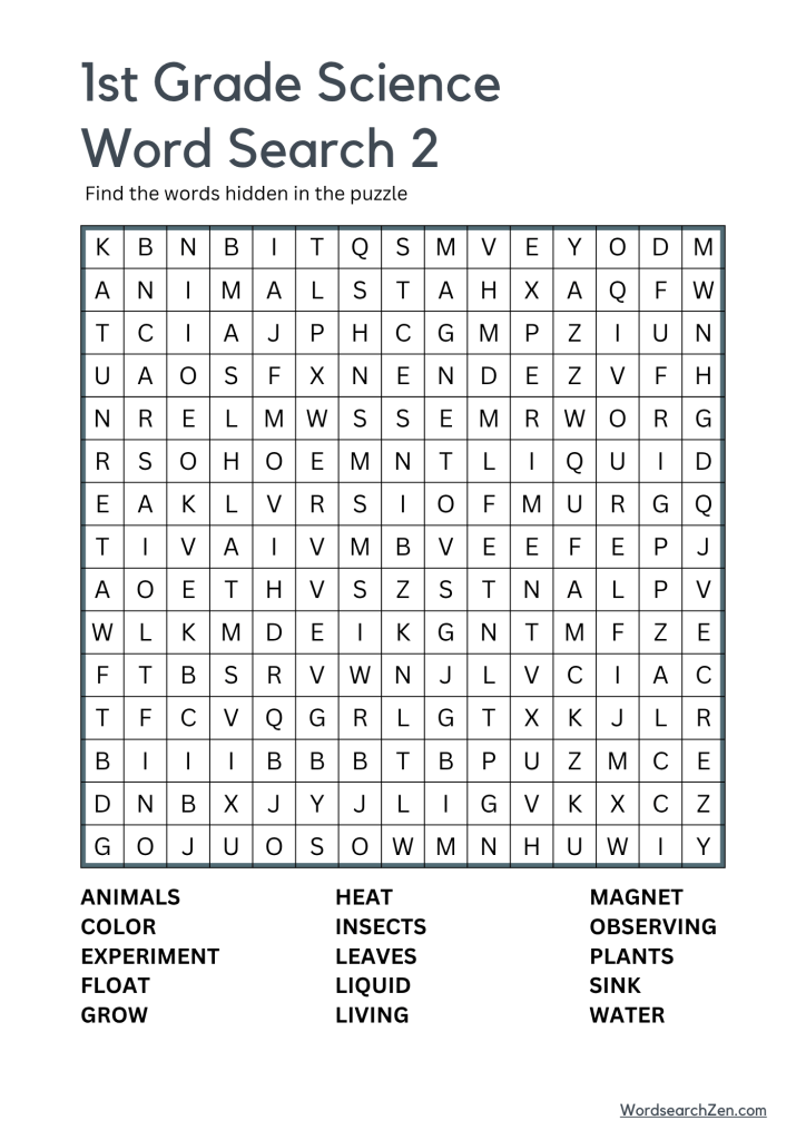 1st Grade Science Word Search Free Printable PDF File - WordsearchZen.com