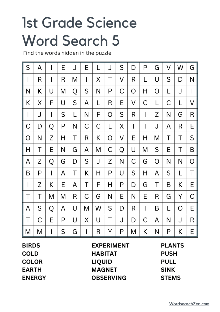 1st Grade Science Word Search Free Printable PDF File - WordsearchZen.com