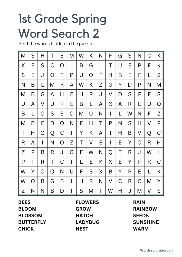 1st Grade Spring Word Search Free Printable PDF File - WordsearchZen.com