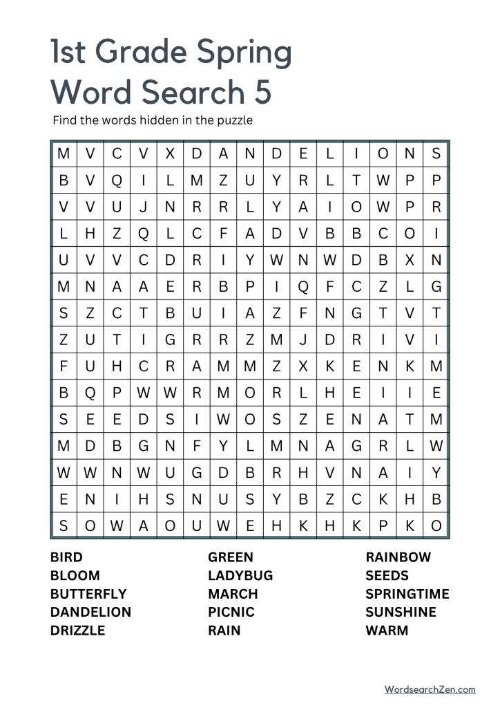 1st Grade Spring Word Search Free Printable PDF File - WordsearchZen.com
