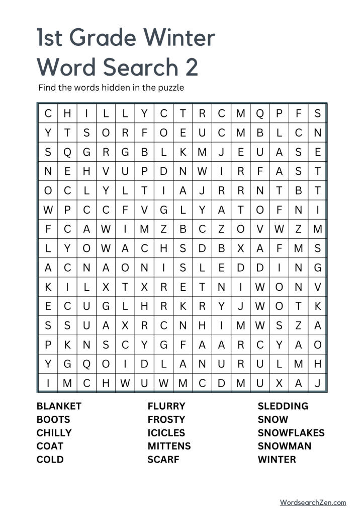 1st Grade Winter Word Search Free Printable PDF File - WordsearchZen.com