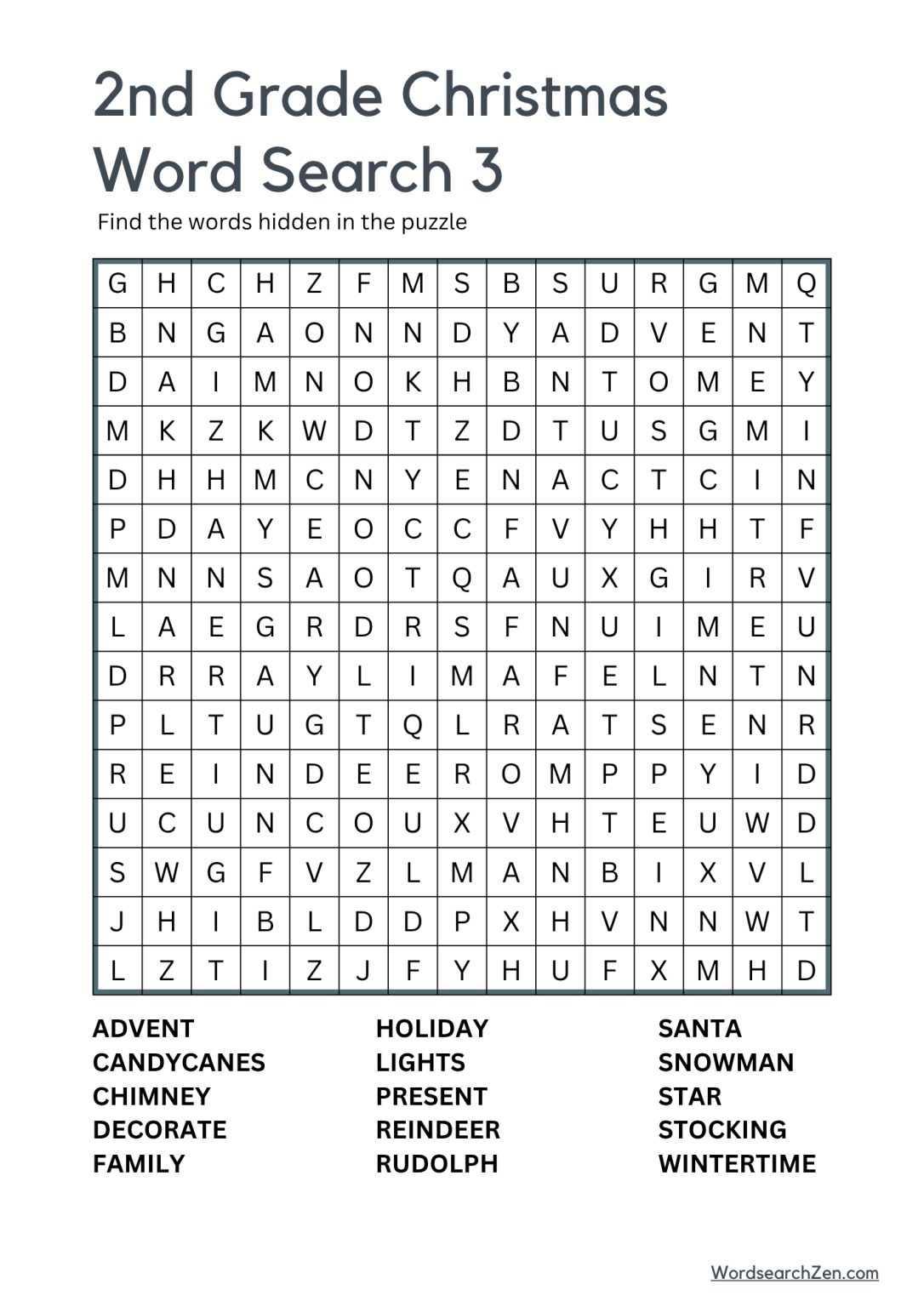 2nd Grade Christmas Word Search Free Printable PDF File - WordsearchZen.com