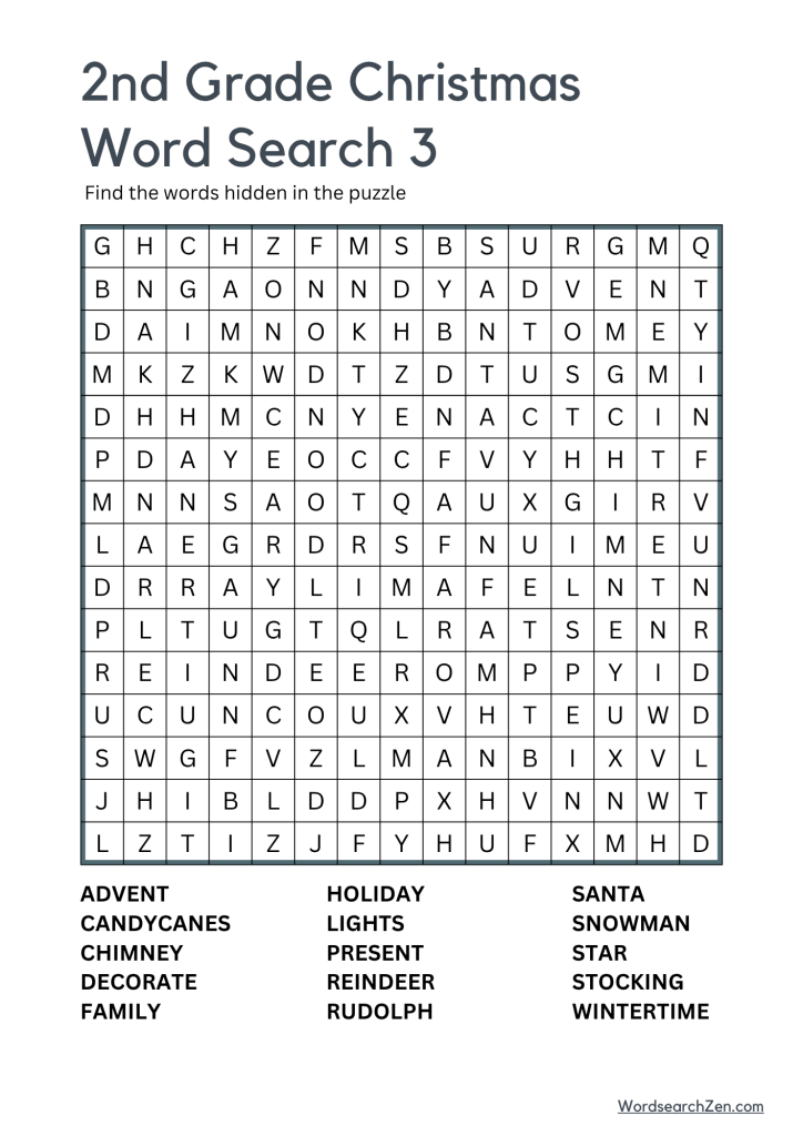 2nd Grade Christmas Word Search Free Printable PDF File - WordsearchZen.com