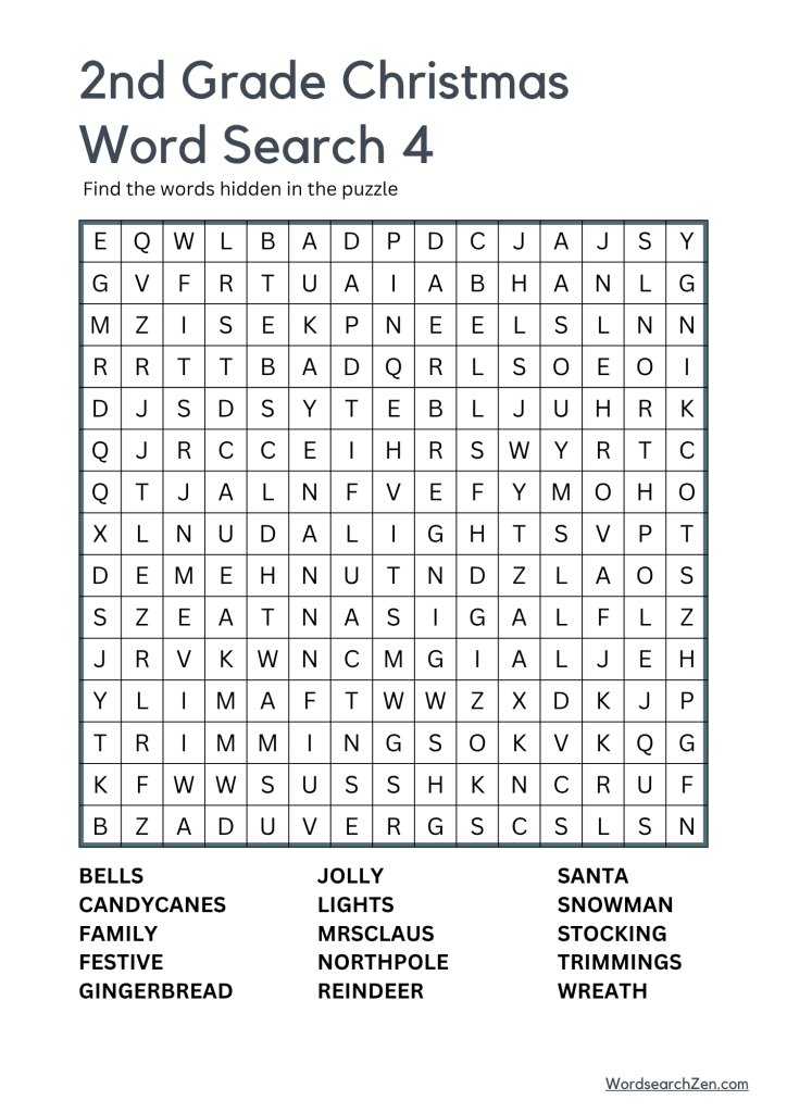 2nd Grade Christmas Word Search Free Printable PDF File - WordsearchZen.com