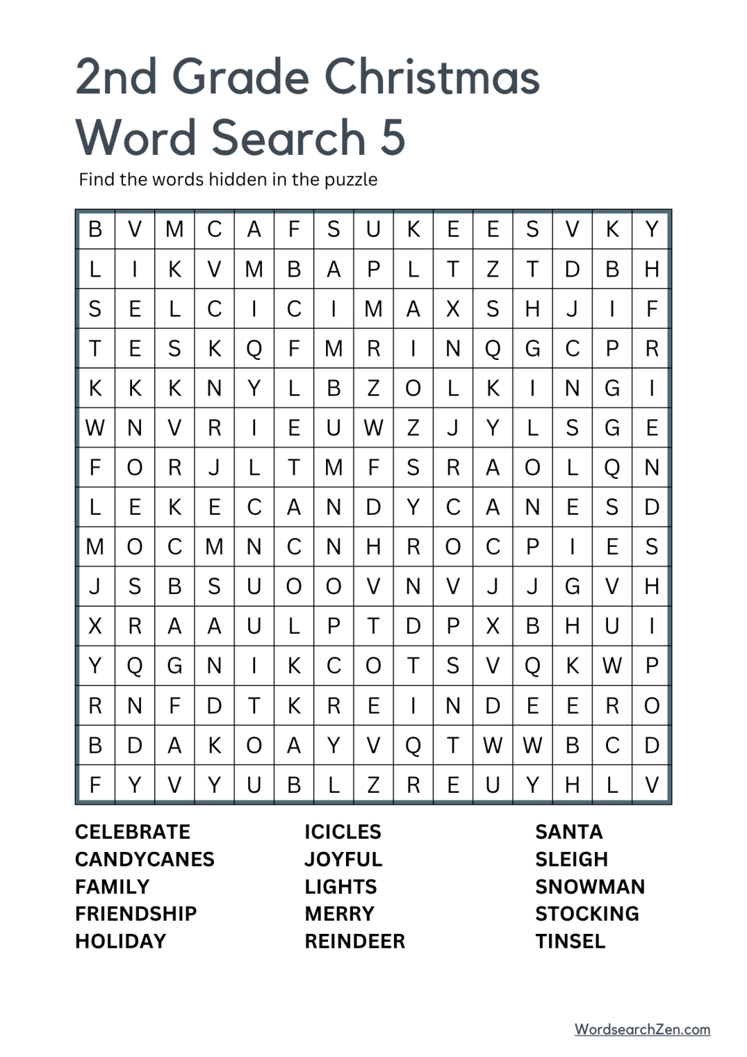 2nd Grade Christmas Word Search Free Printable PDF File - WordsearchZen.com