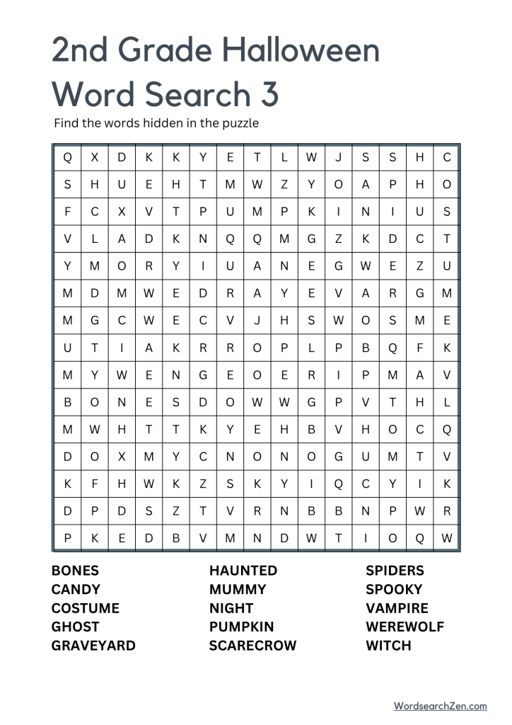 2nd Grade Halloween Word Search Free Printable PDF File - WordsearchZen.com