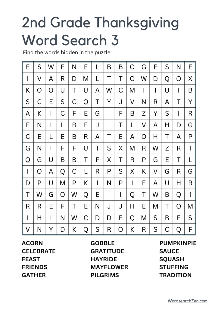 2nd Grade Thanksgiving Word Search Free Printable PDF File ...