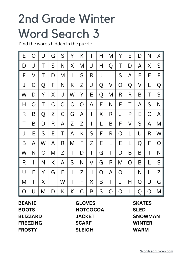2nd Grade Winter Word Search Free Printable PDF File - WordsearchZen.com