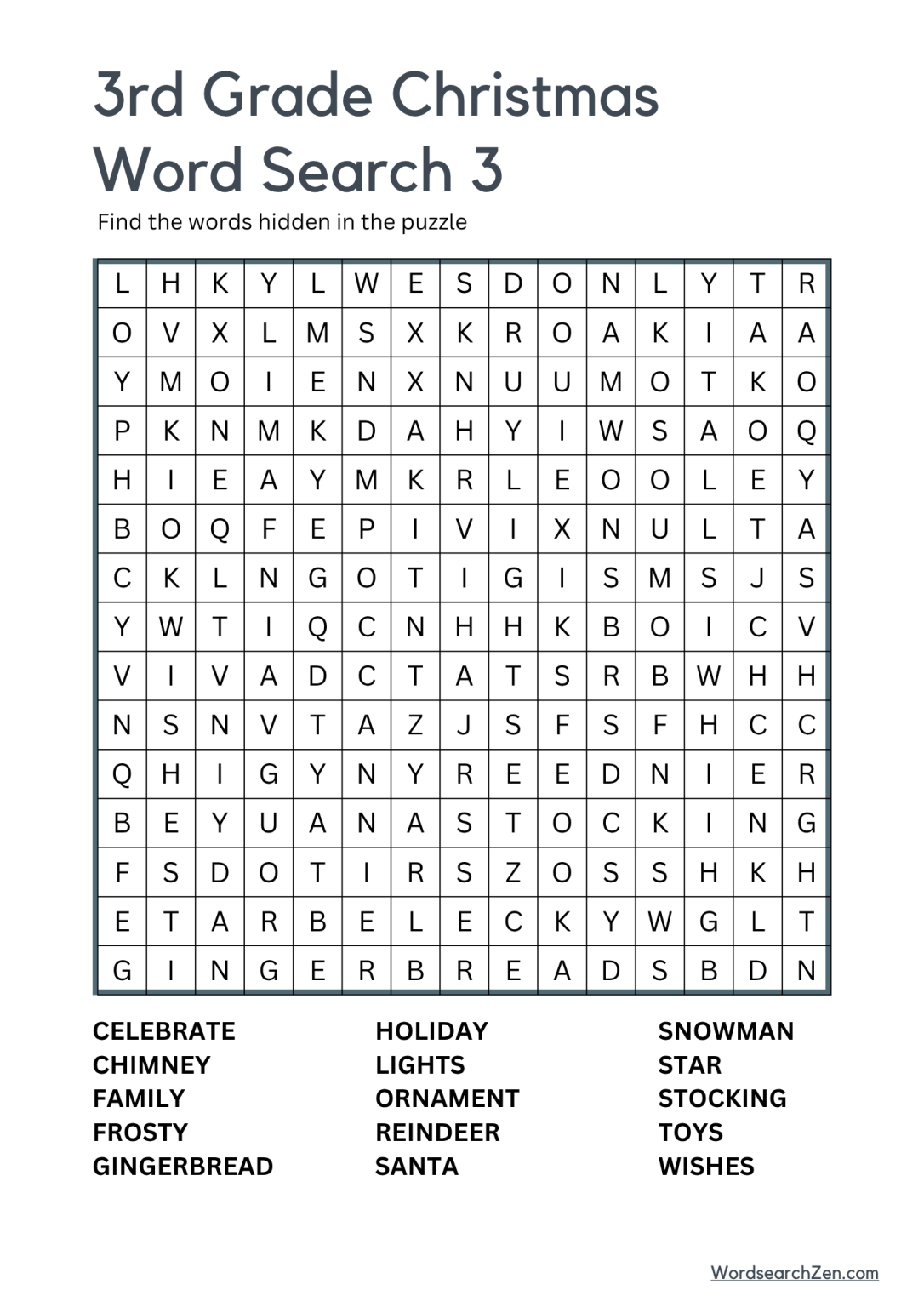 3rd Grade Christmas Word Search Free Printable PDF File - WordsearchZen.com