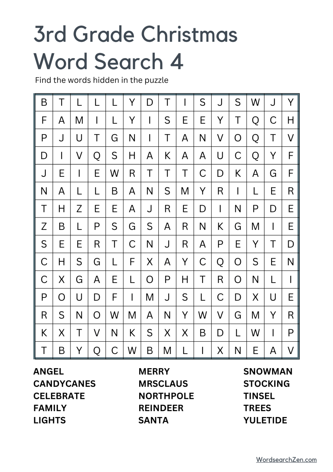 3rd Grade Christmas Word Search Free Printable PDF File - WordsearchZen.com