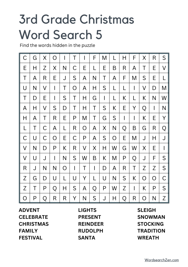 3rd Grade Christmas Word Search Free Printable PDF File - WordsearchZen.com