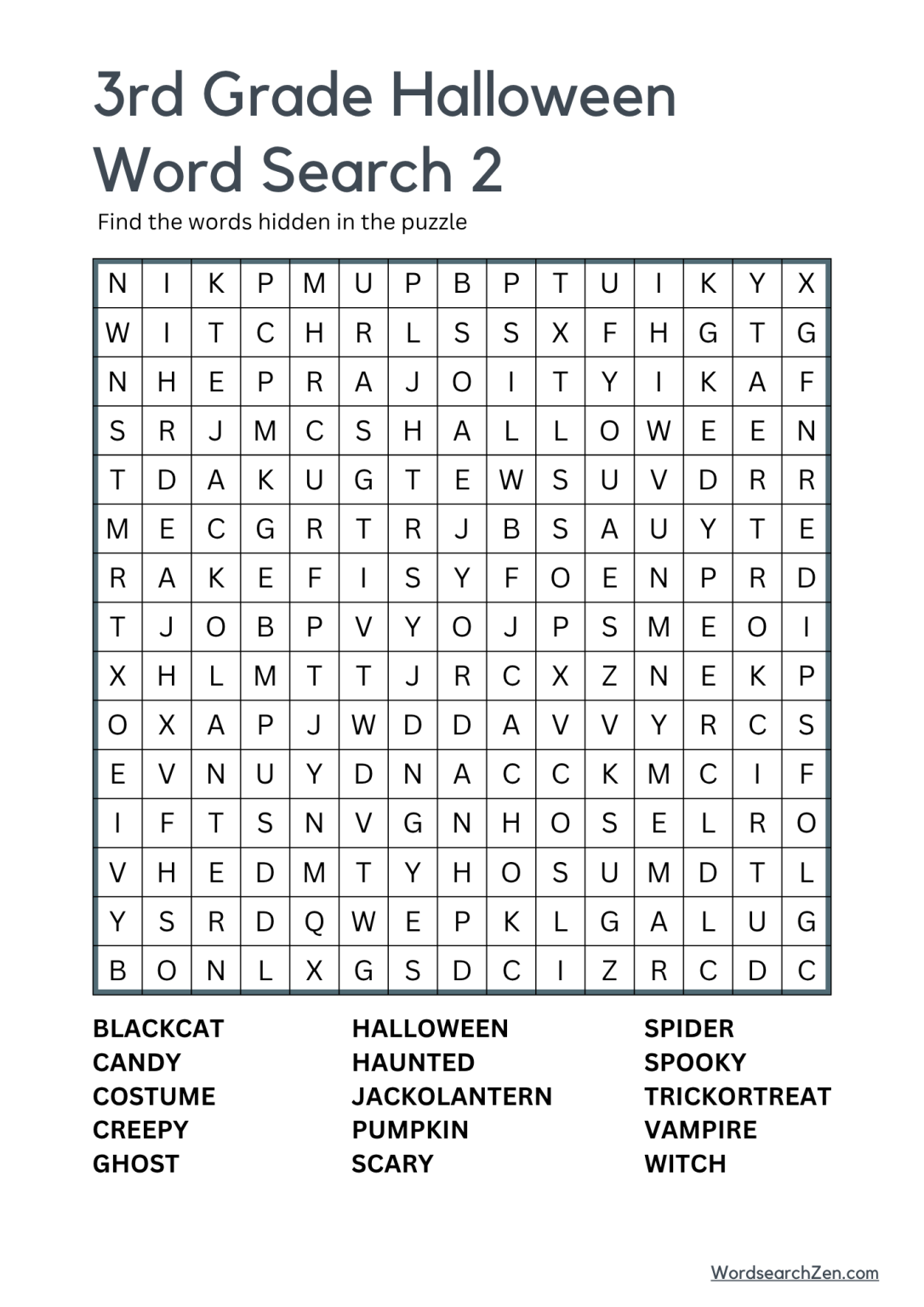 3rd Grade Halloween Word Search Free Printable PDF File - WordsearchZen.com
