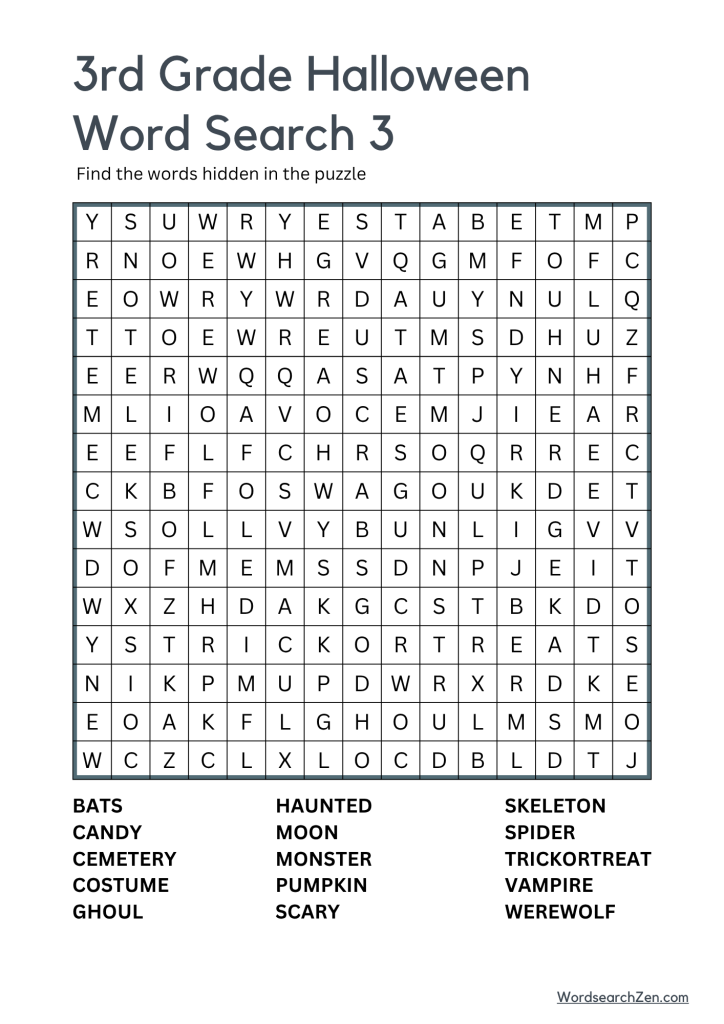 3rd Grade Halloween Word Search Free Printable PDF File - WordsearchZen.com