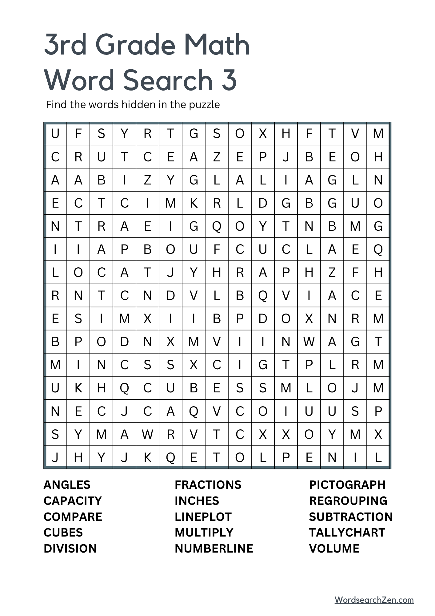 3rd Grade Math Word Search Free Printable PDF File - WordsearchZen.com