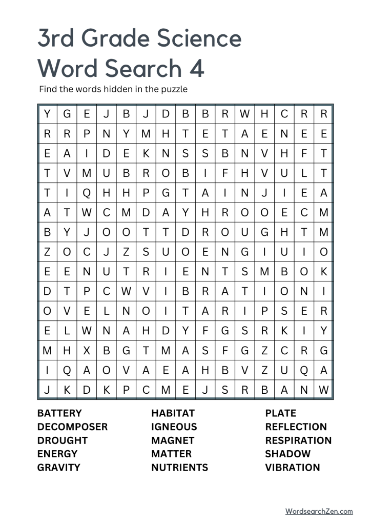 3rd Grade Science Word Search Free Printable PDF File - WordsearchZen.com
