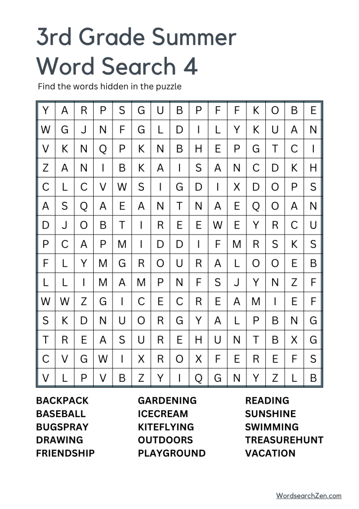 3rd Grade Summer Word Search Free Printable PDF File - WordsearchZen.com
