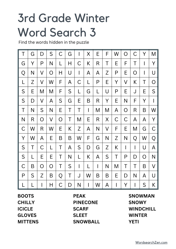 3rd Grade Winter Word Search Free Printable PDF File - WordsearchZen.com