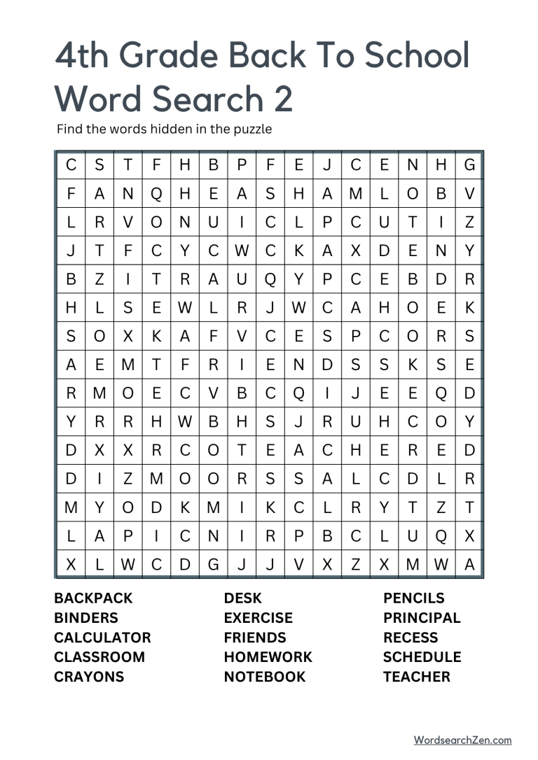 4th Grade Back To School Word Search Free Printable PDF File ...