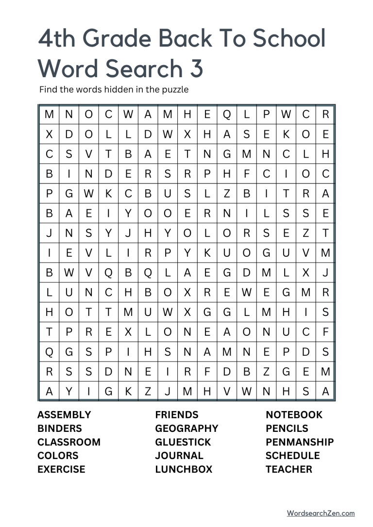 4th Grade Back To School Word Search Free Printable PDF File ...
