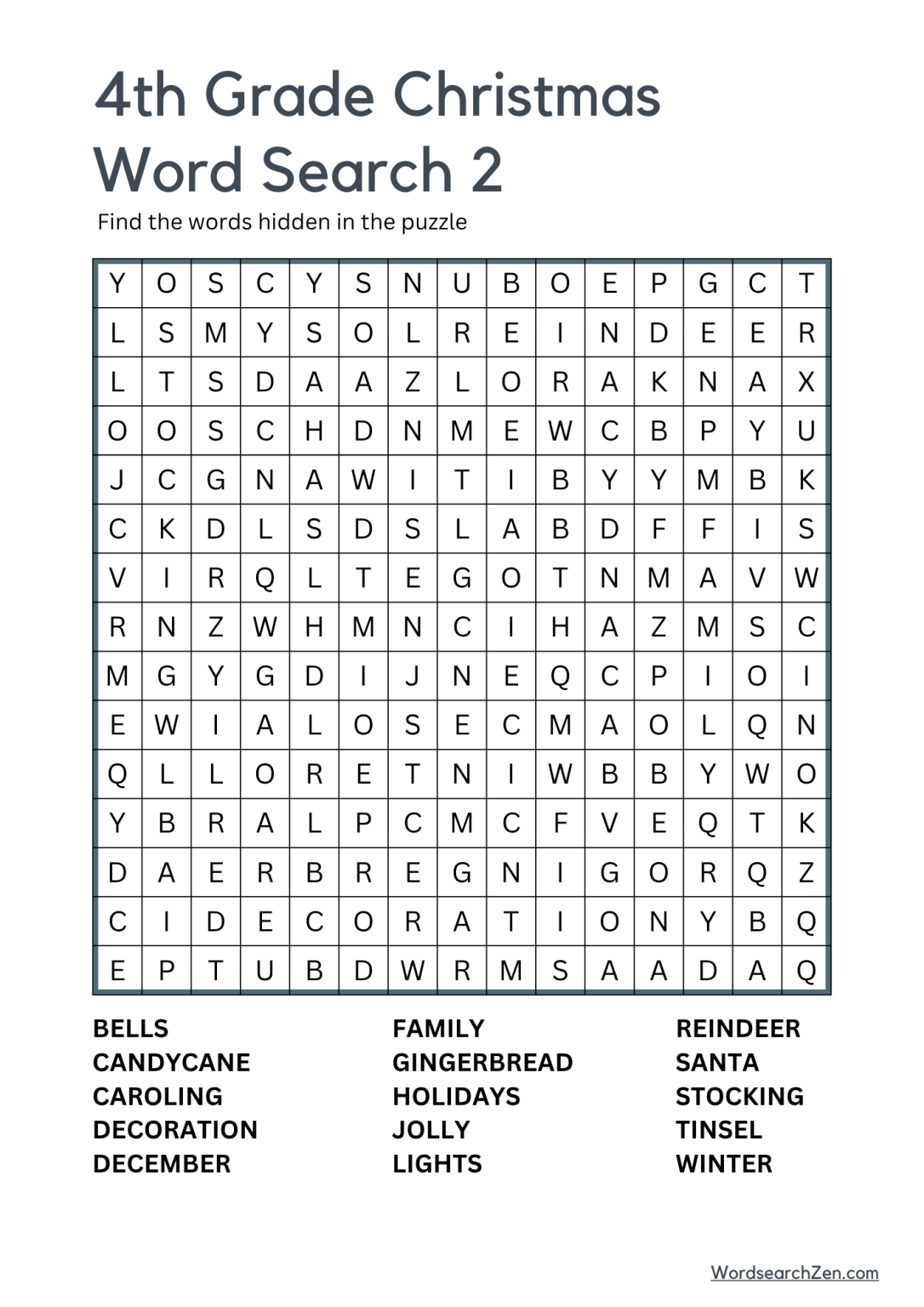 4th Grade Christmas Word Search Free Printable PDF File - WordsearchZen.com