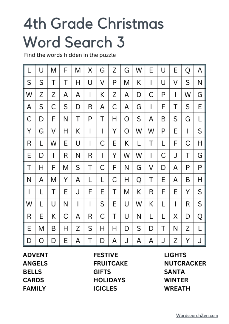 4th Grade Christmas Word Search Free Printable PDF File - WordsearchZen.com