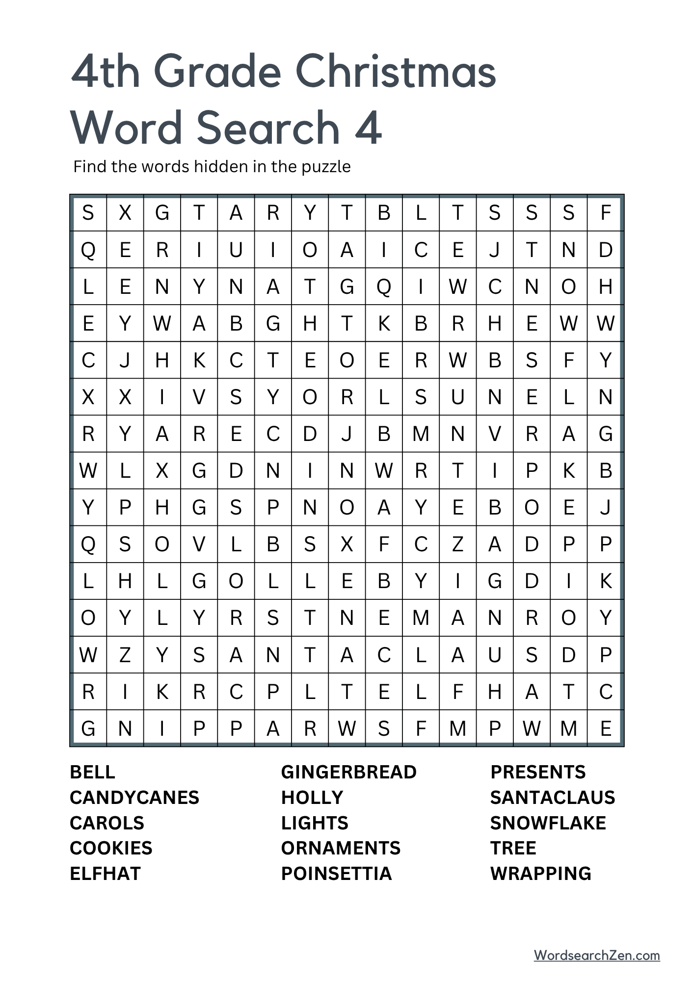 4th Grade Christmas Word Search Free Printable PDF File - WordsearchZen.com