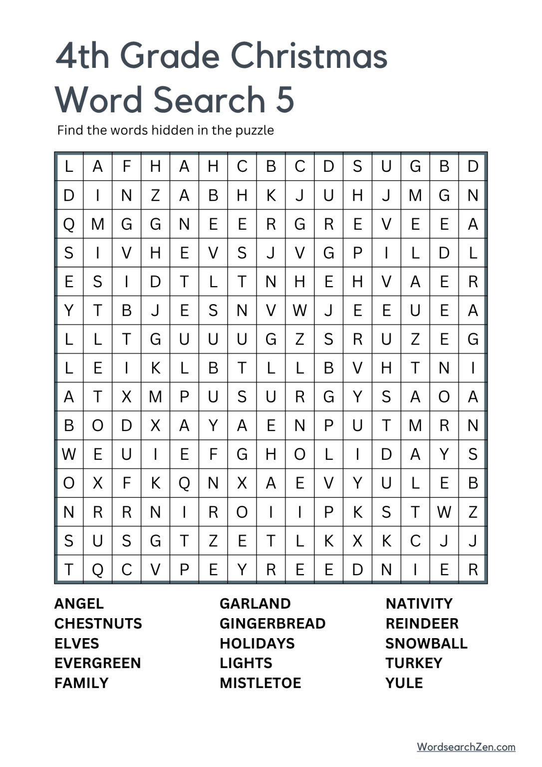 4th Grade Christmas Word Search Free Printable PDF File - WordsearchZen.com