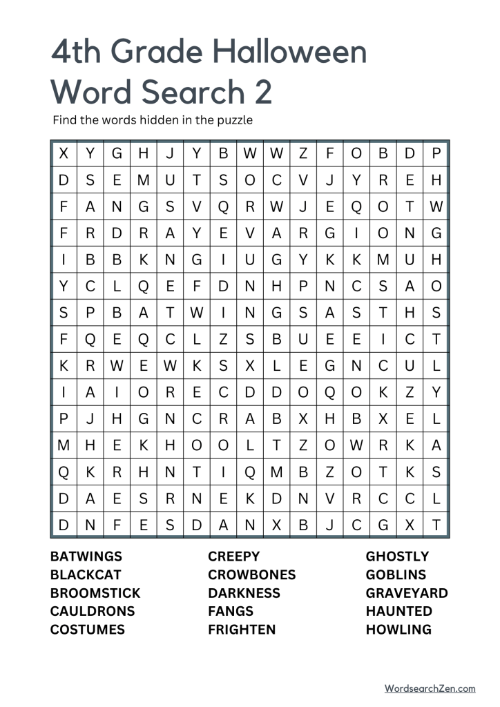 4th Grade Halloween Word Search Free Printable PDF File - WordsearchZen.com