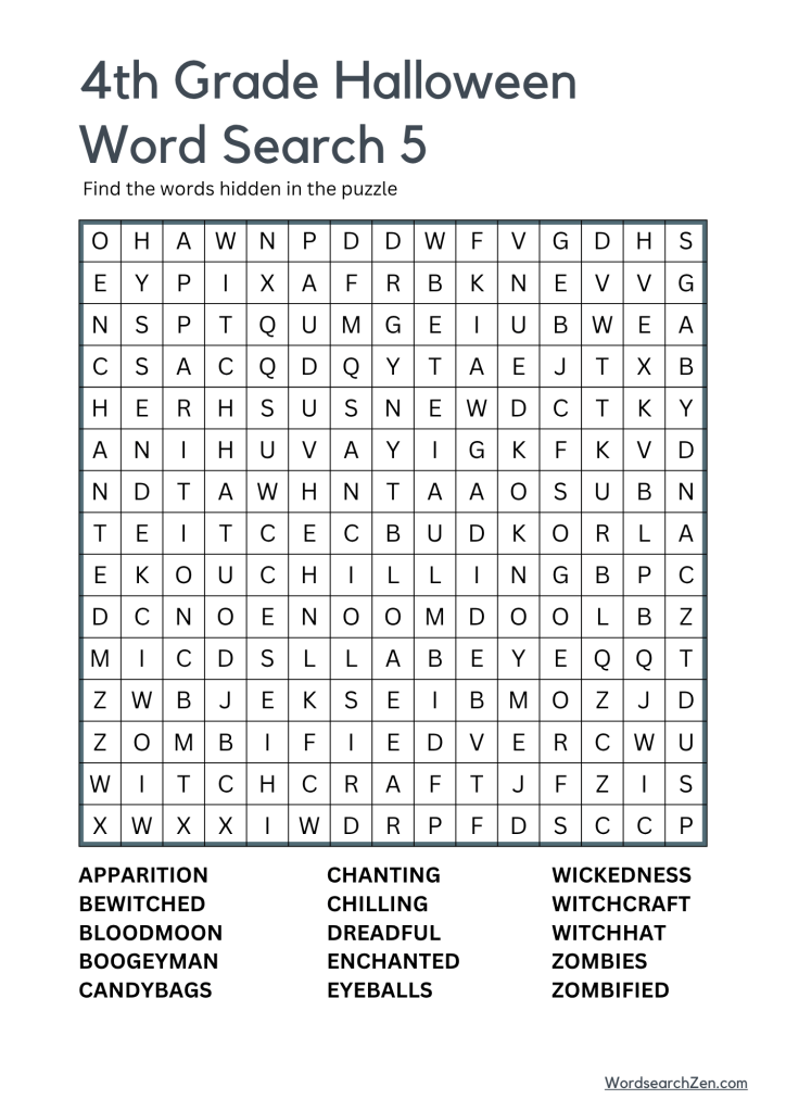 4th Grade Halloween Word Search Free Printable PDF File - WordsearchZen.com