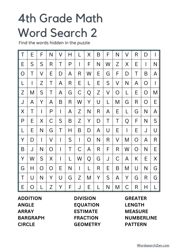 4th Grade Math Word Search Free Printable PDF File - WordsearchZen.com