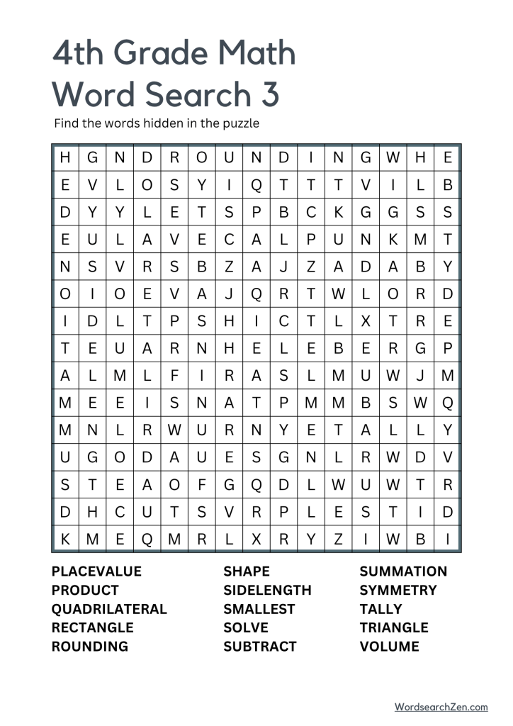 4th Grade Math Word Search Free Printable PDF File - WordsearchZen.com