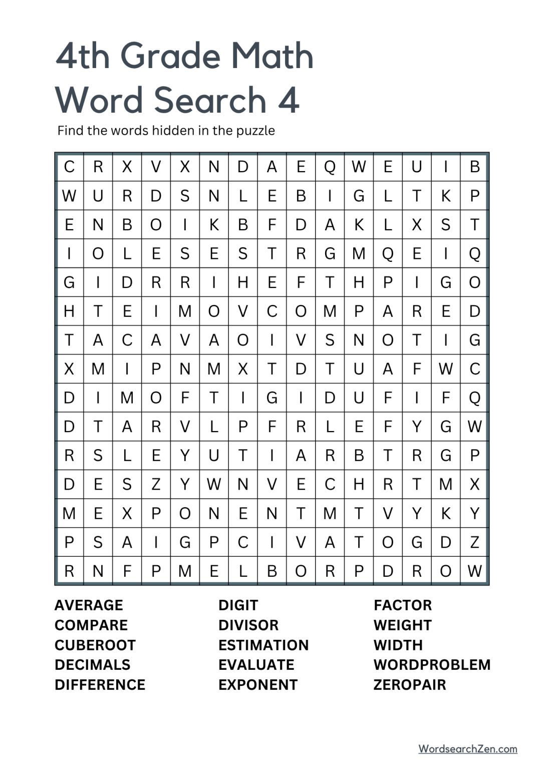 4th Grade Math Word Search Free Printable PDF File - WordsearchZen.com