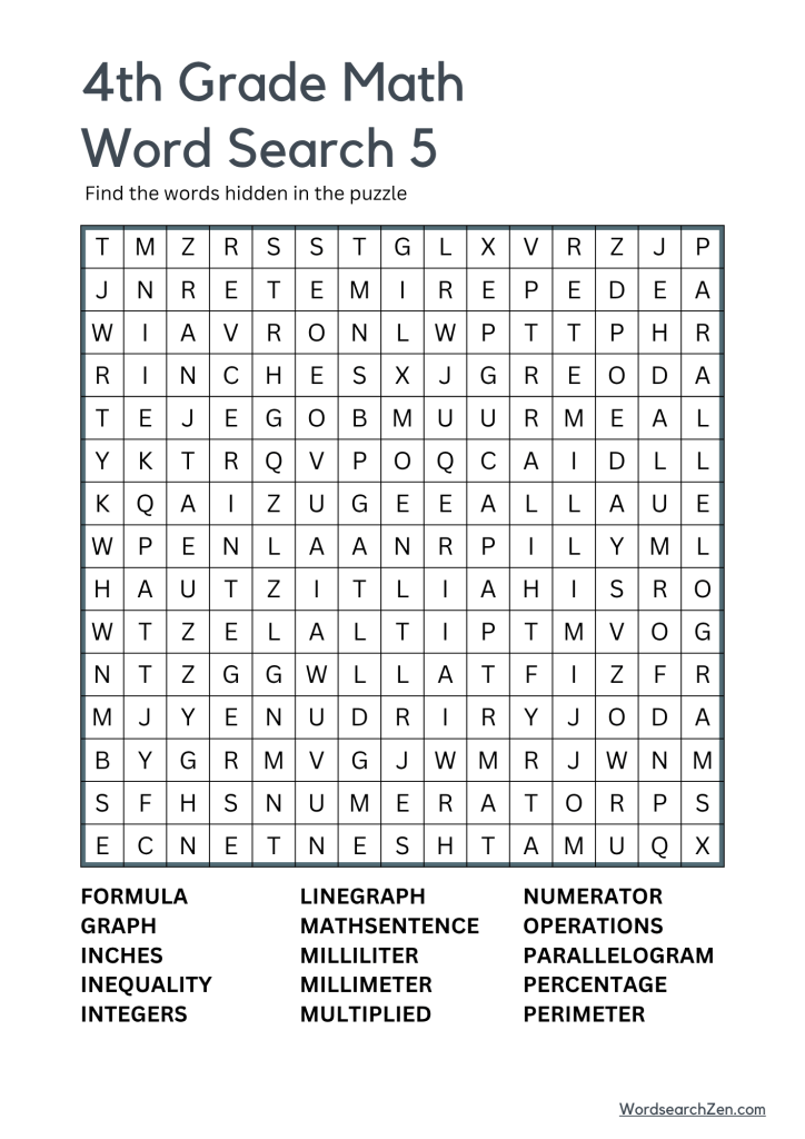 4th Grade Math Word Search Free Printable PDF File - WordsearchZen.com