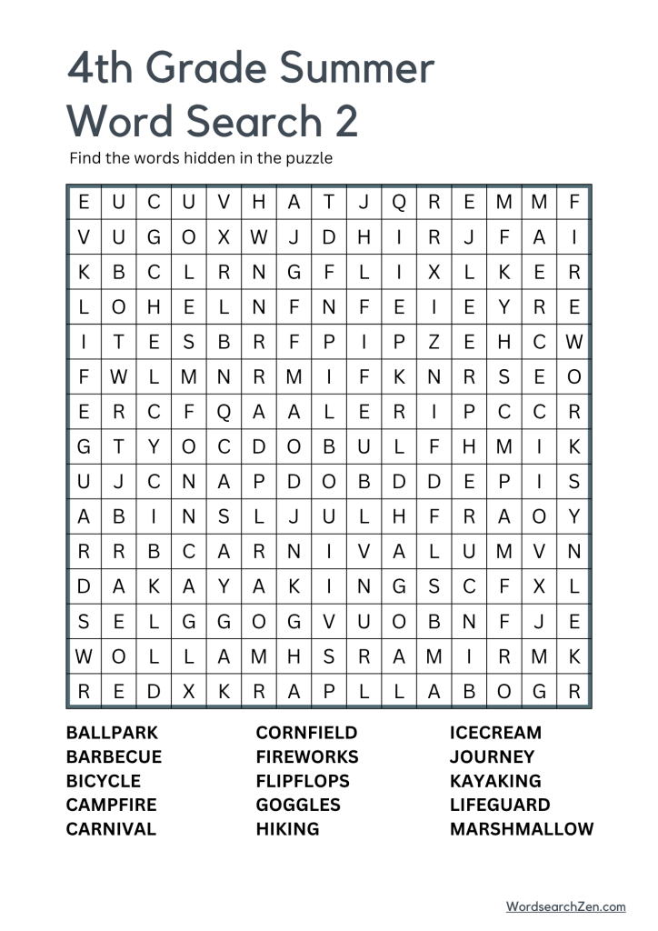 4th Grade Summer Word Search Free Printable PDF File - WordsearchZen.com