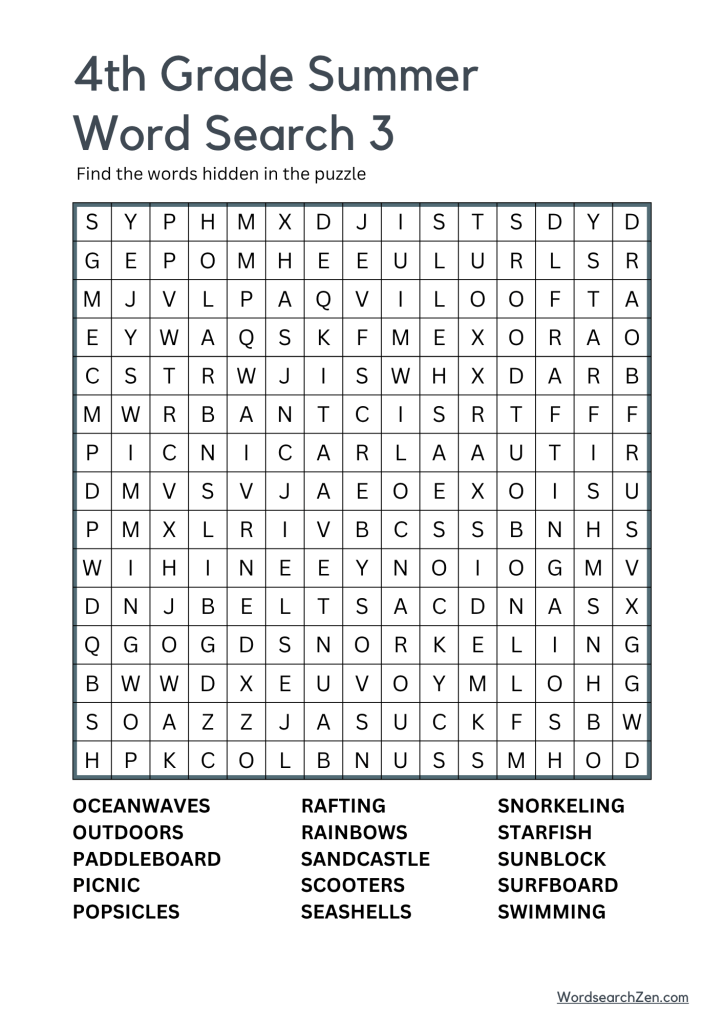 4th Grade Summer Word Search Free Printable PDF File - WordsearchZen.com