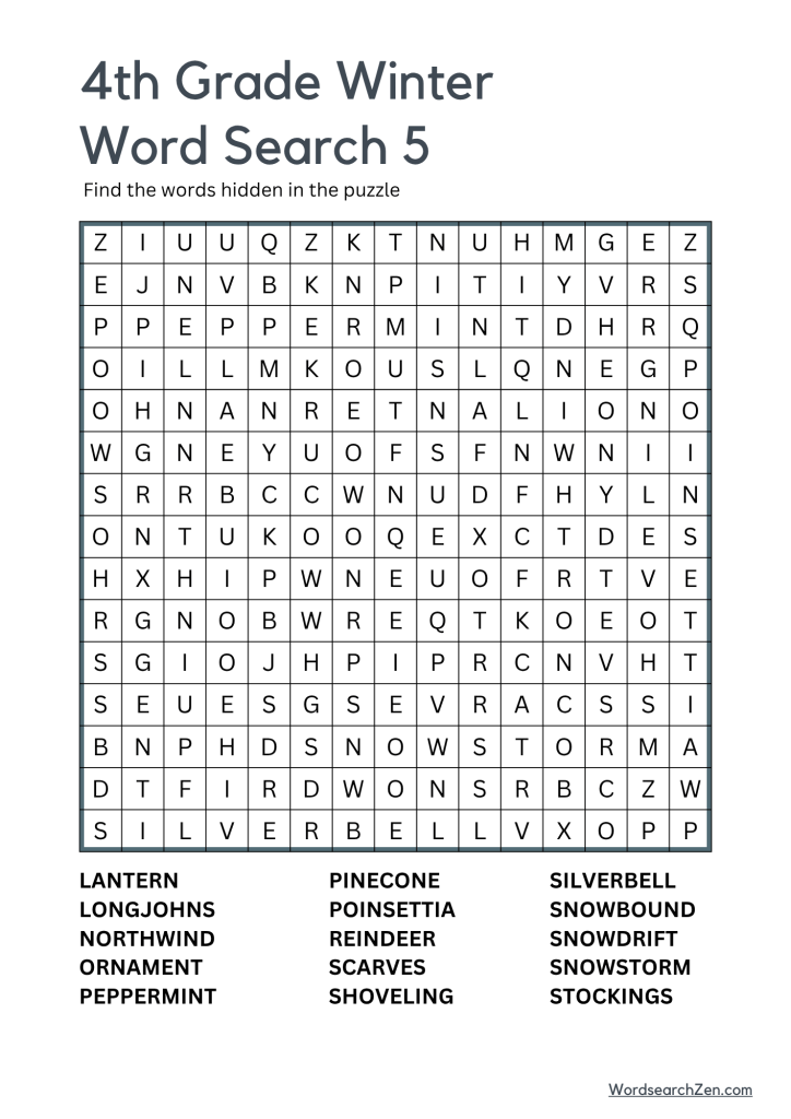 4th Grade Winter Word Search Free Printable PDF File - WordsearchZen.com