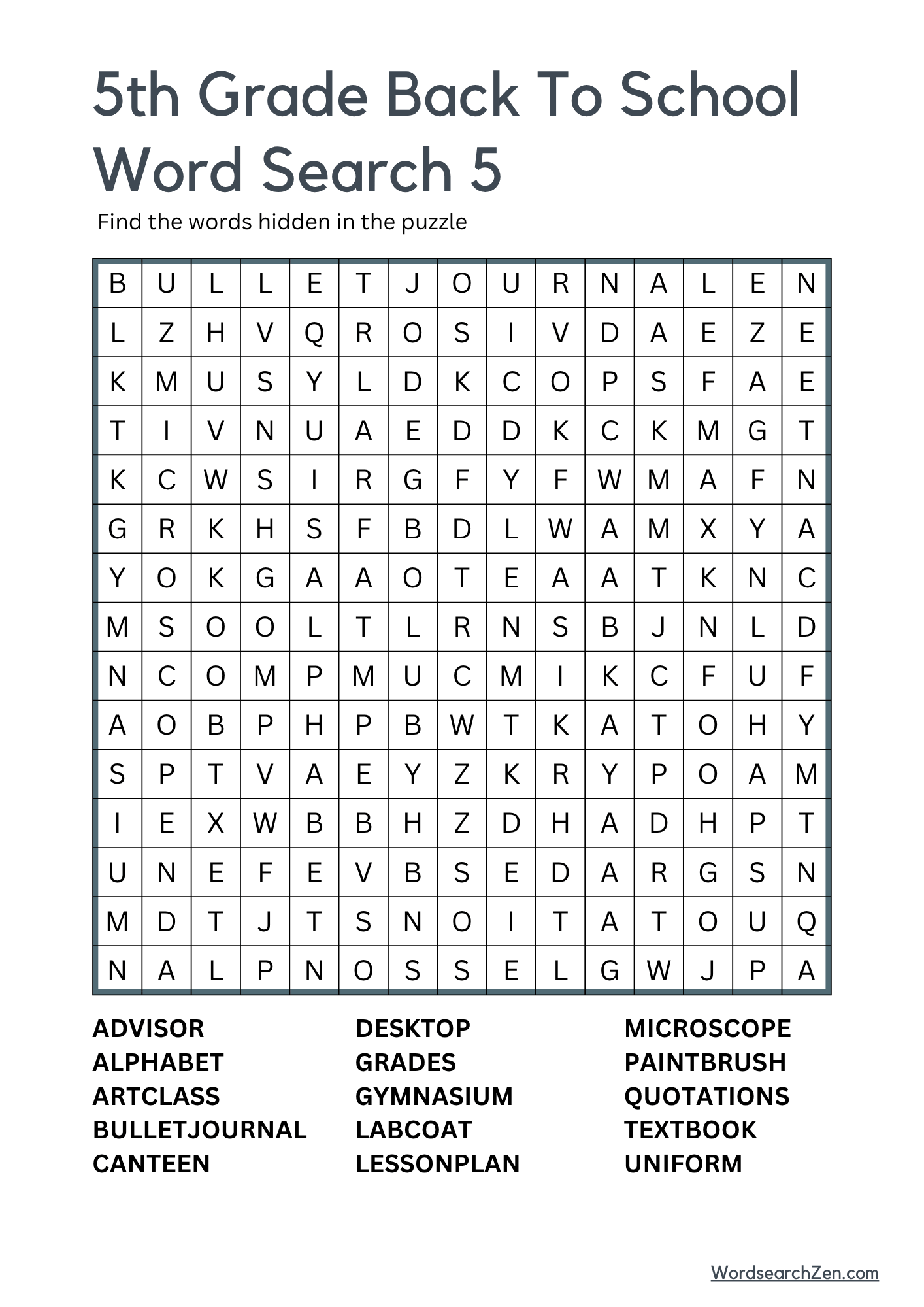 5th Grade Back To School Word Search Free Printable PDF File ...
