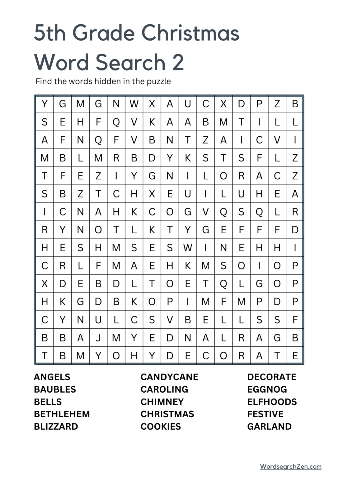 5th Grade Christmas Word Search Free Printable PDF File - WordsearchZen.com