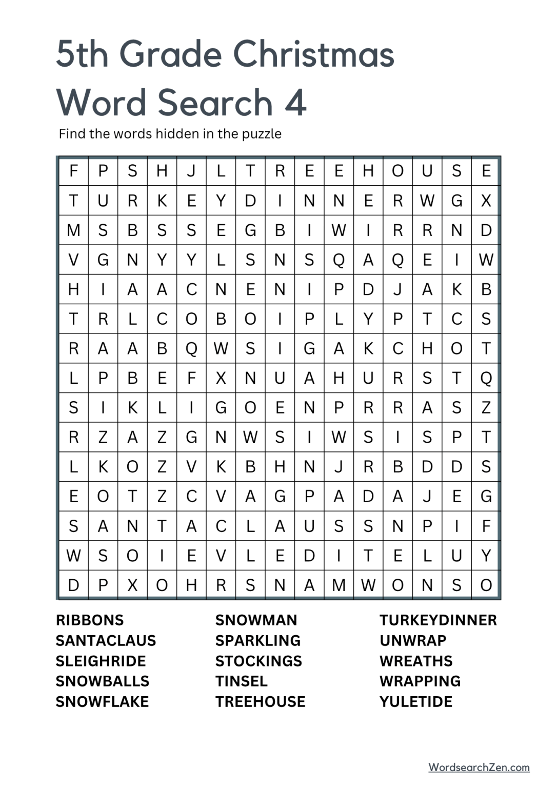 5th Grade Christmas Word Search Free Printable PDF File - WordsearchZen.com