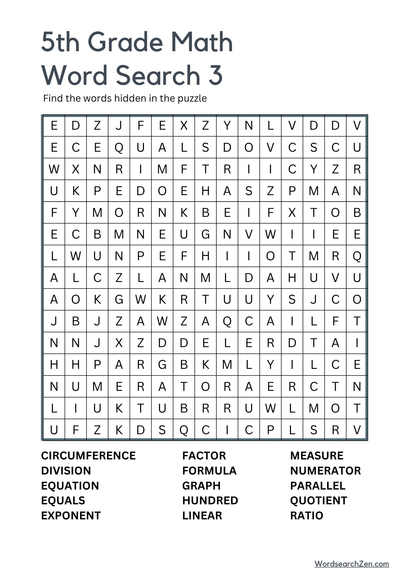 5th Grade Math Word Search Free Printable PDF File - WordsearchZen.com