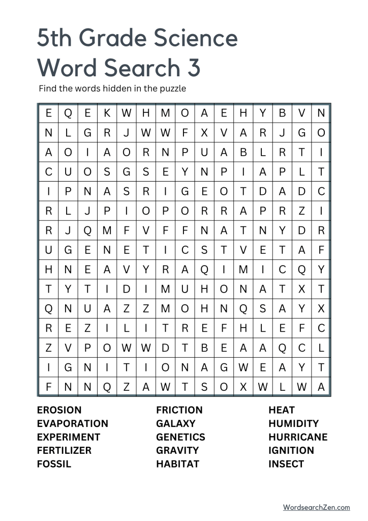 5th Grade Science Word Search Free Printable PDF File - WordsearchZen.com