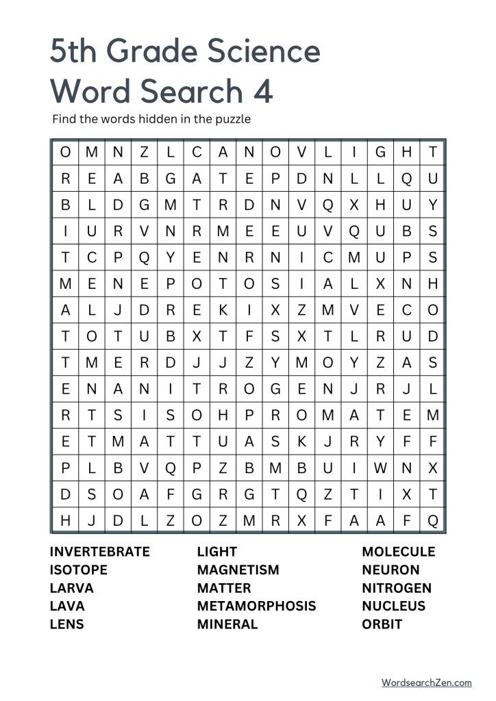 5th Grade Science Word Search Free Printable PDF File - WordsearchZen.com