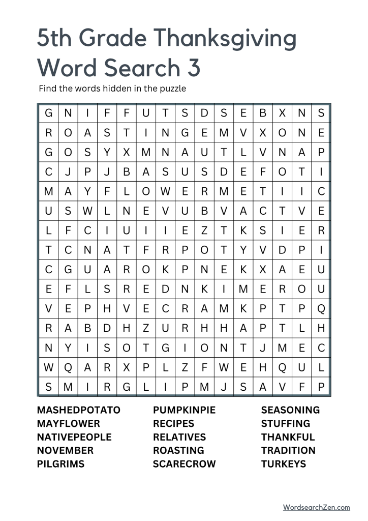 5th Grade Thanksgiving Word Search Free Printable PDF File ...