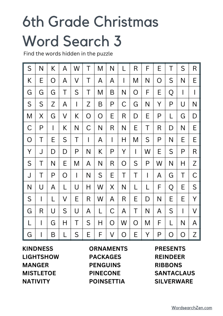 6th Grade Christmas Word Search Free Printable PDF File - WordsearchZen.com