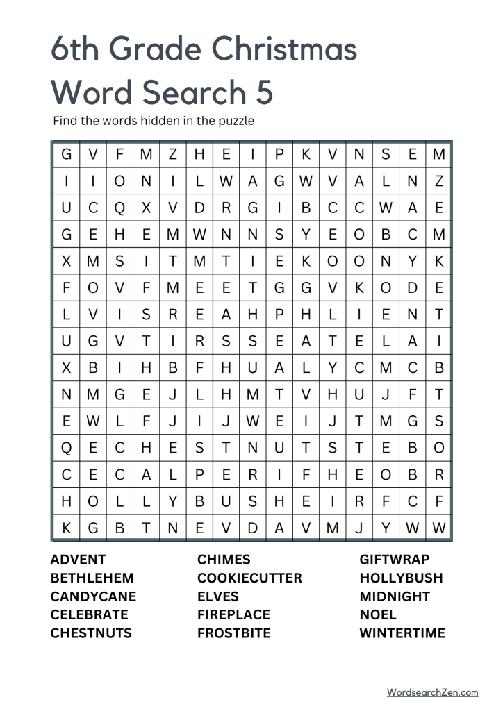 6th Grade Christmas Word Search Free Printable PDF File - WordsearchZen.com