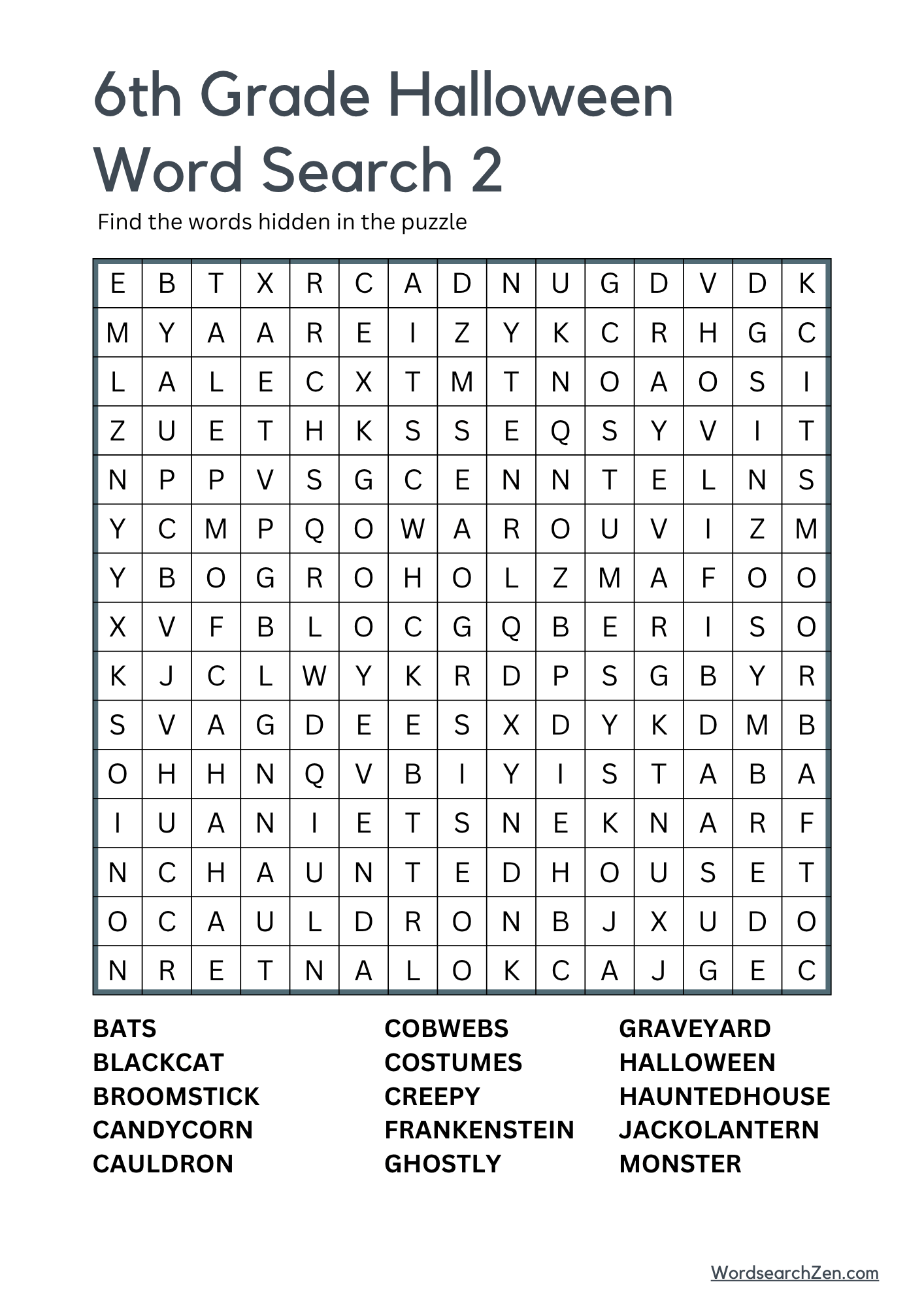6th Grade Halloween Word Search Free Printable PDF File - WordsearchZen.com
