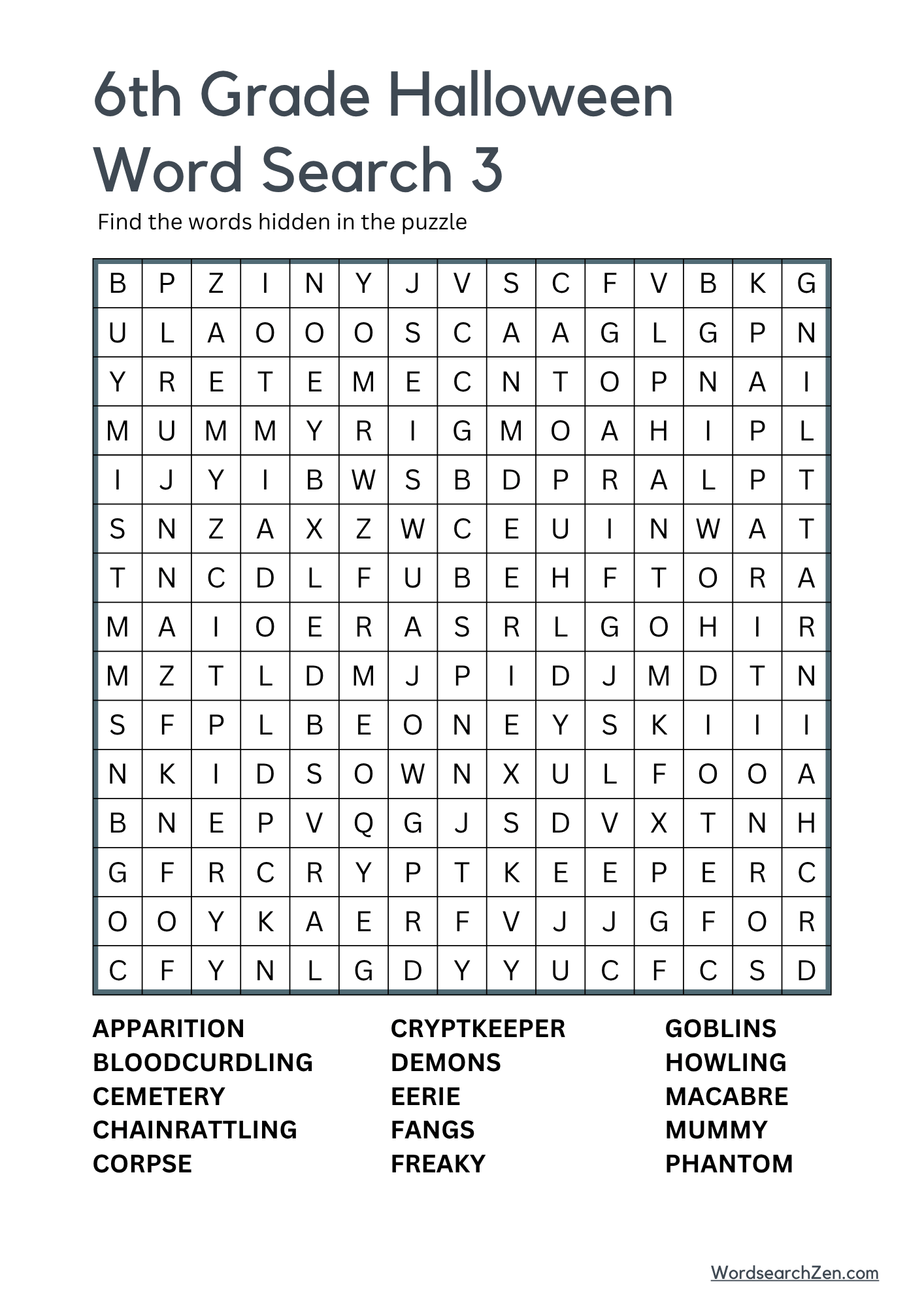 6th Grade Halloween Word Search Free Printable PDF File - WordsearchZen.com