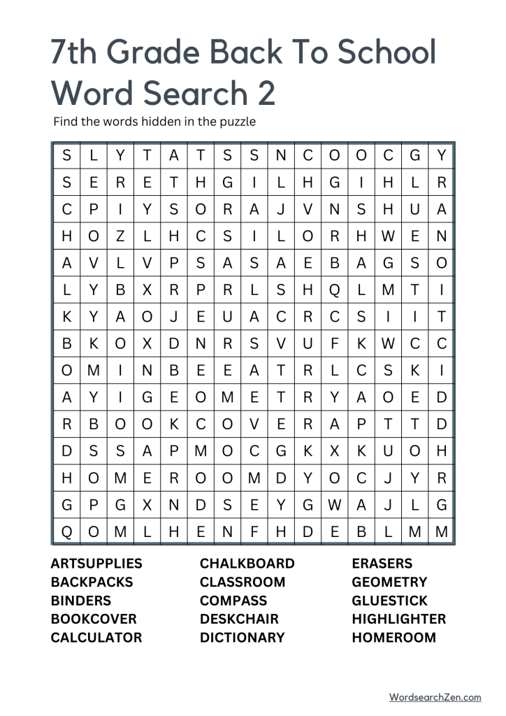 7th Grade Back To School Word Search Free Printable PDF File ...