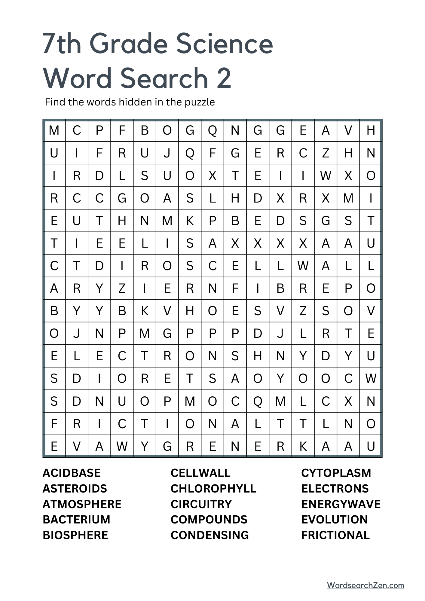 7th Grade Science Word Search Free Printable PDF File - WordsearchZen.com